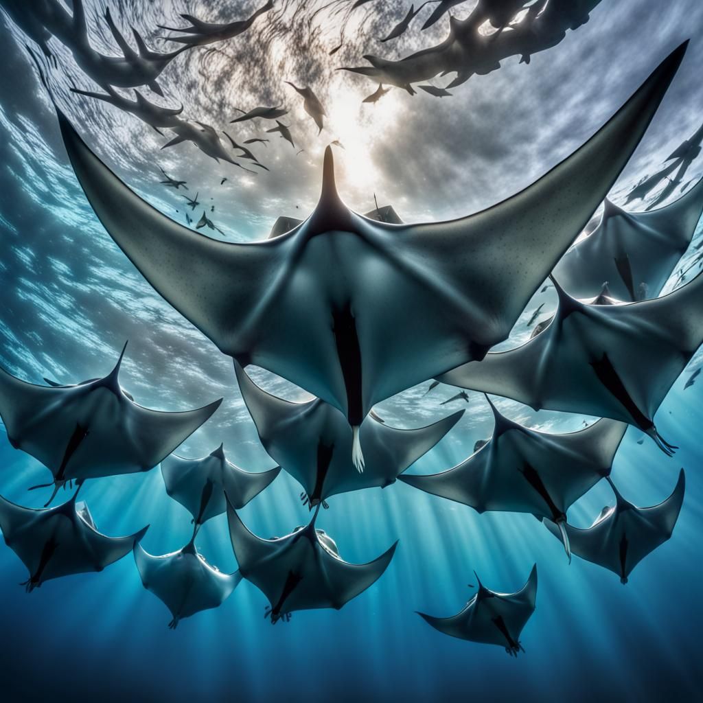Many manta rays swimming in a circle as seen from underwater and below ...