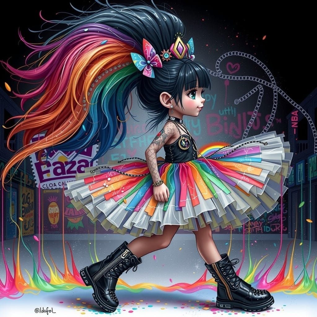 Funky girl on a walk, colored hair and tutu