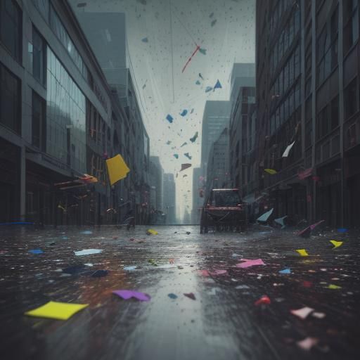 Colored pieces of paper falling from the sky and flooding the city good ...