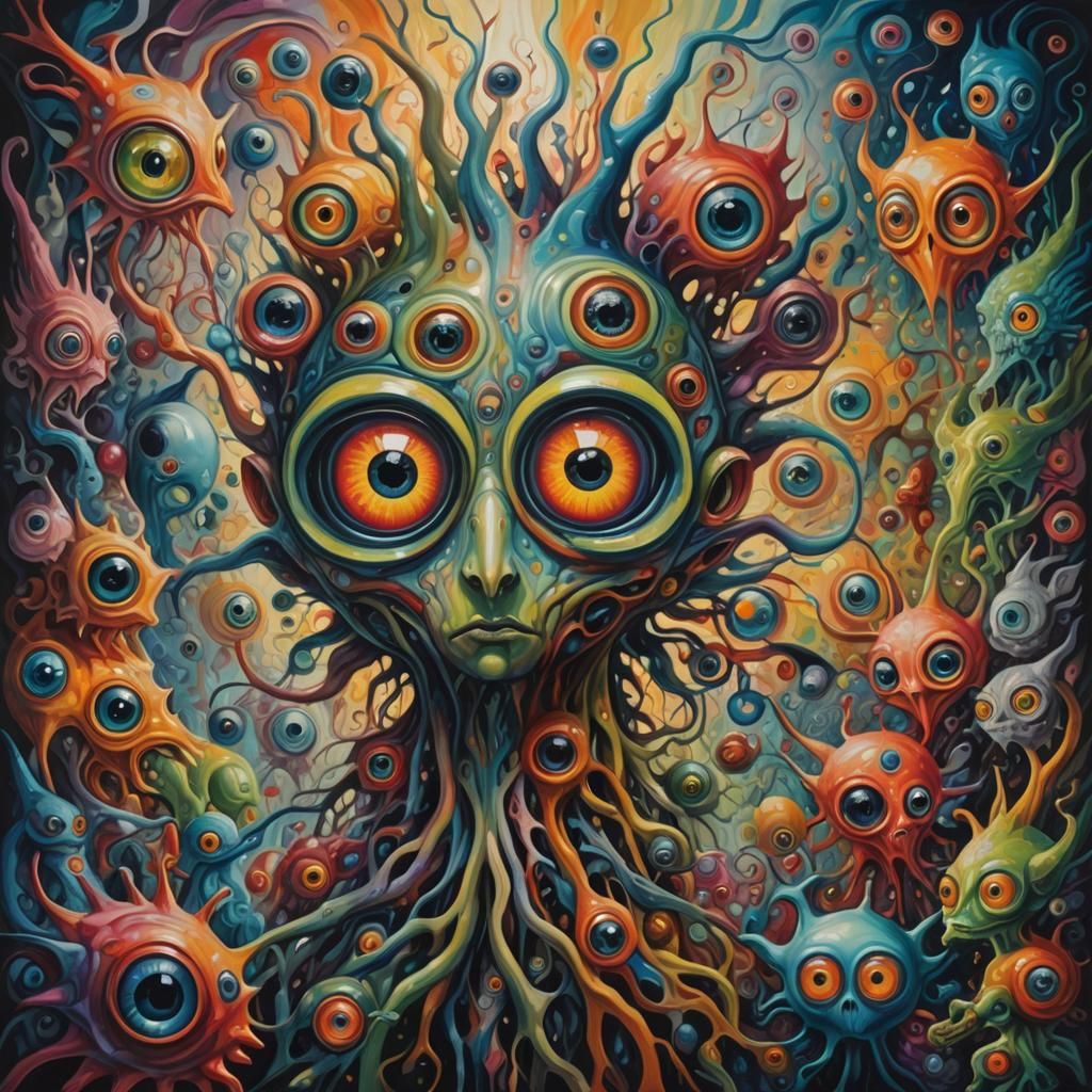 A captivating oil painting by a surrealist depicts surreal creatures ...
