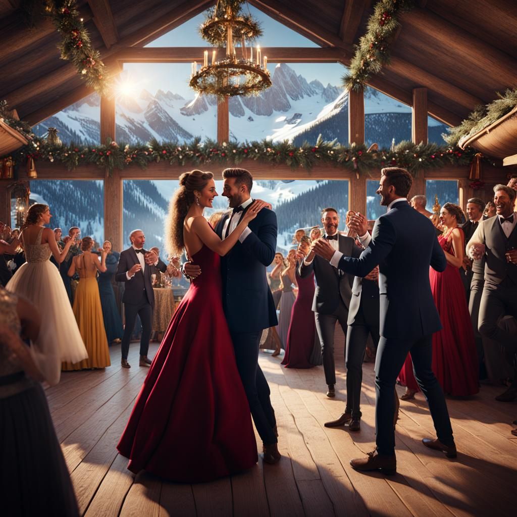 People dance at a lively New Year's Eve party at a ski hut in the Alps ...