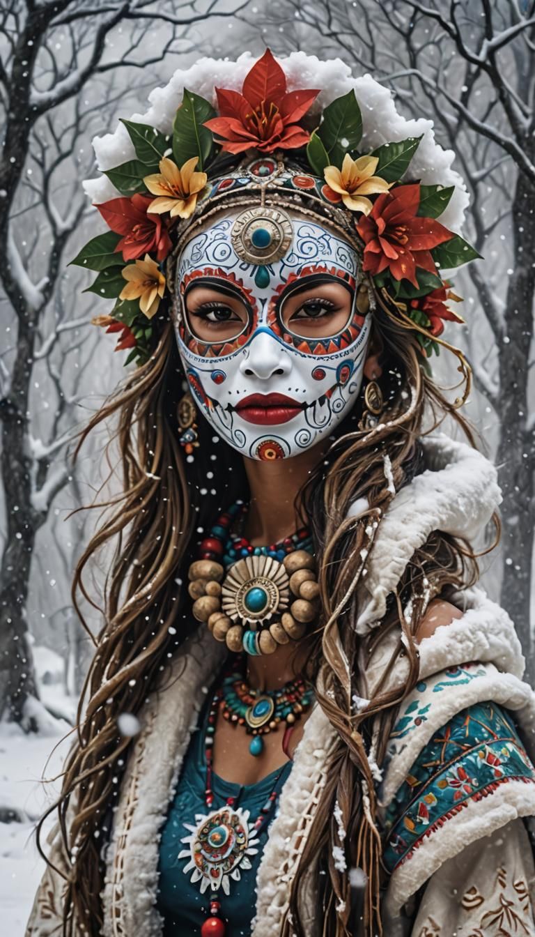 awe-inspiring lady donning traditional Mayan voodoo mask, VooDoo ...