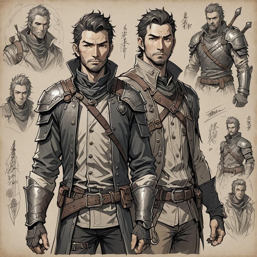 a fantasy rpg character concept art, grown-up man, an adventurer, anime ...