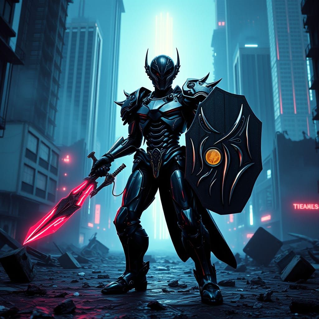 Cyberpunk Meck Knight in Ruined Cityscape - AI Art