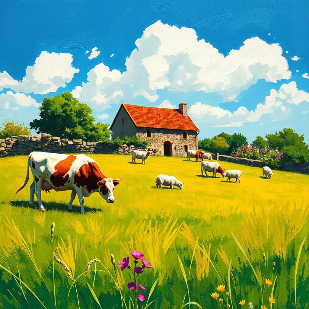 Idyllic French Countryside Scene with Rustic Cows ... - AI Art