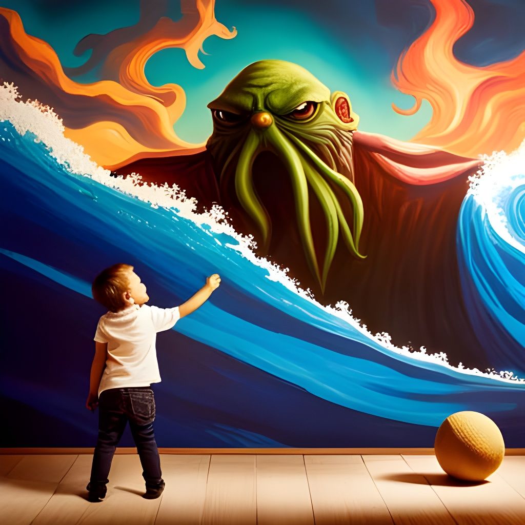 Papier-mâché Cthulhu, giant size next to an excited adorable grinning ...