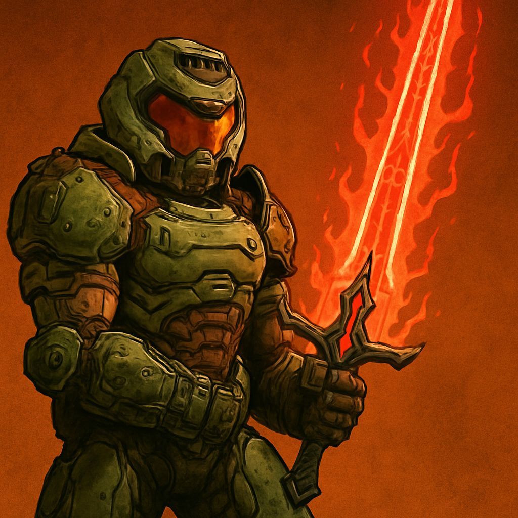 The Doom slayer wielding the crucible sword