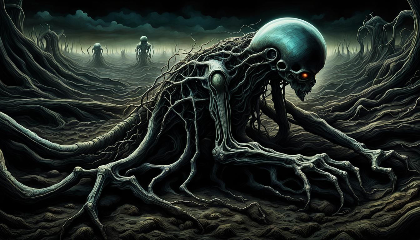 P - Surreal Biomechanical Horror in Dark Eerie Landscape
