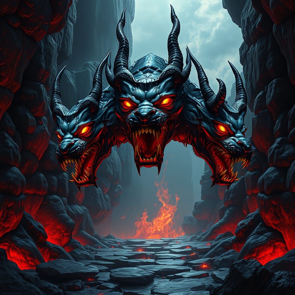 A realistic depiction of Cerberus, the three-headed devil-dog demon who ...