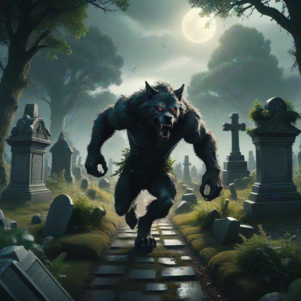 Epic Werewolf Cinema in Abandoned Cemetery - AI Art