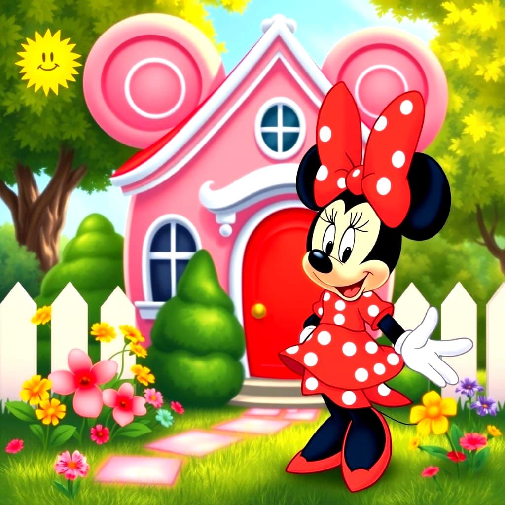 Minnie Mouse - Minnie Mouse Standing by Her Iconic Pink Hous...