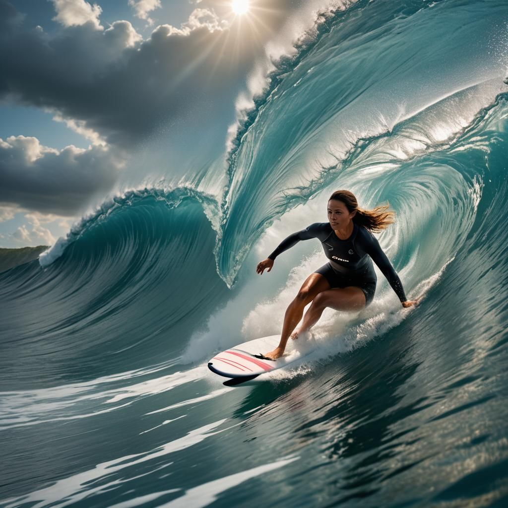 close-up portrait, gorgeous young woman surfing on a giant wave ...