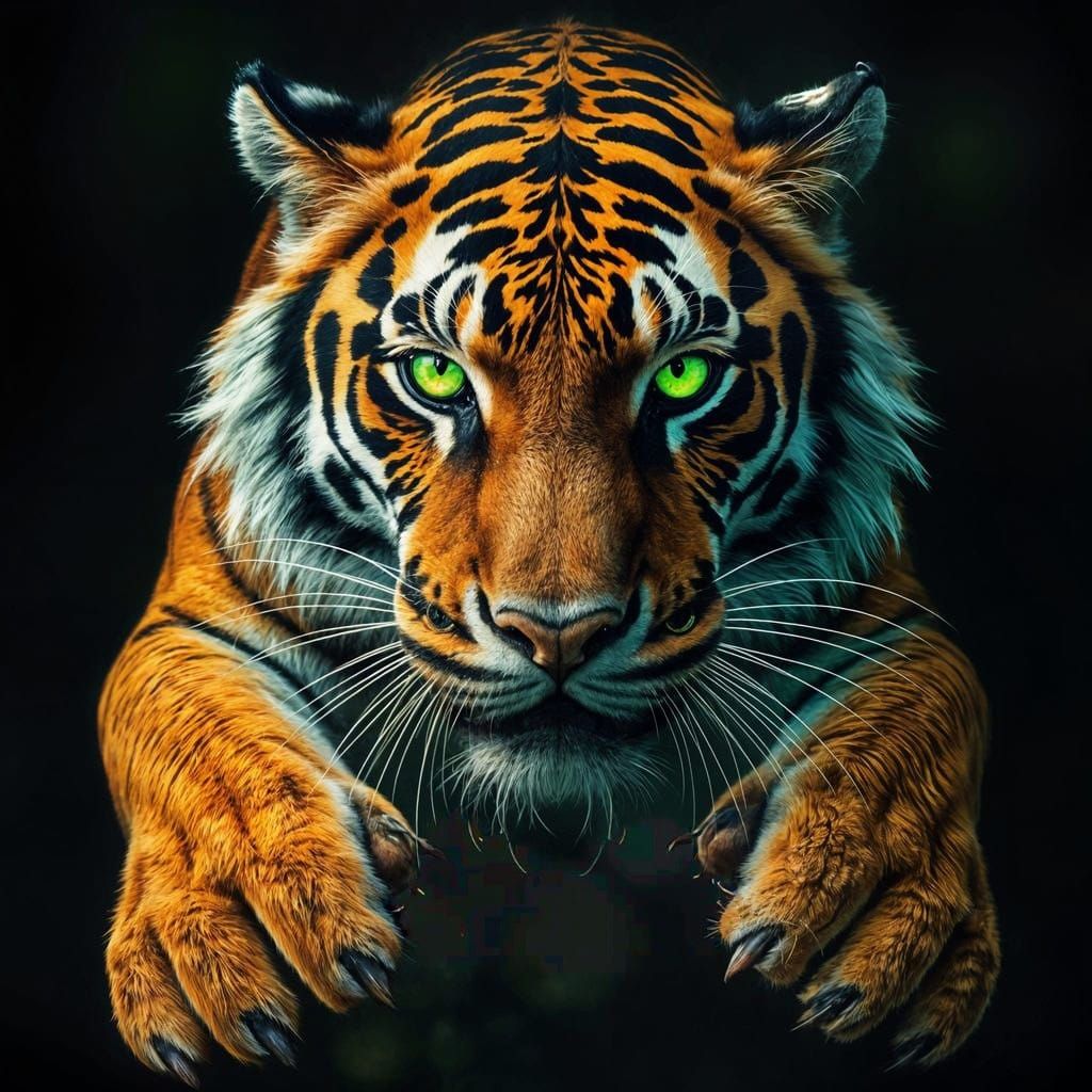 Leaping Tiger - Surreal Demon Form Revealed in Darkened Cave