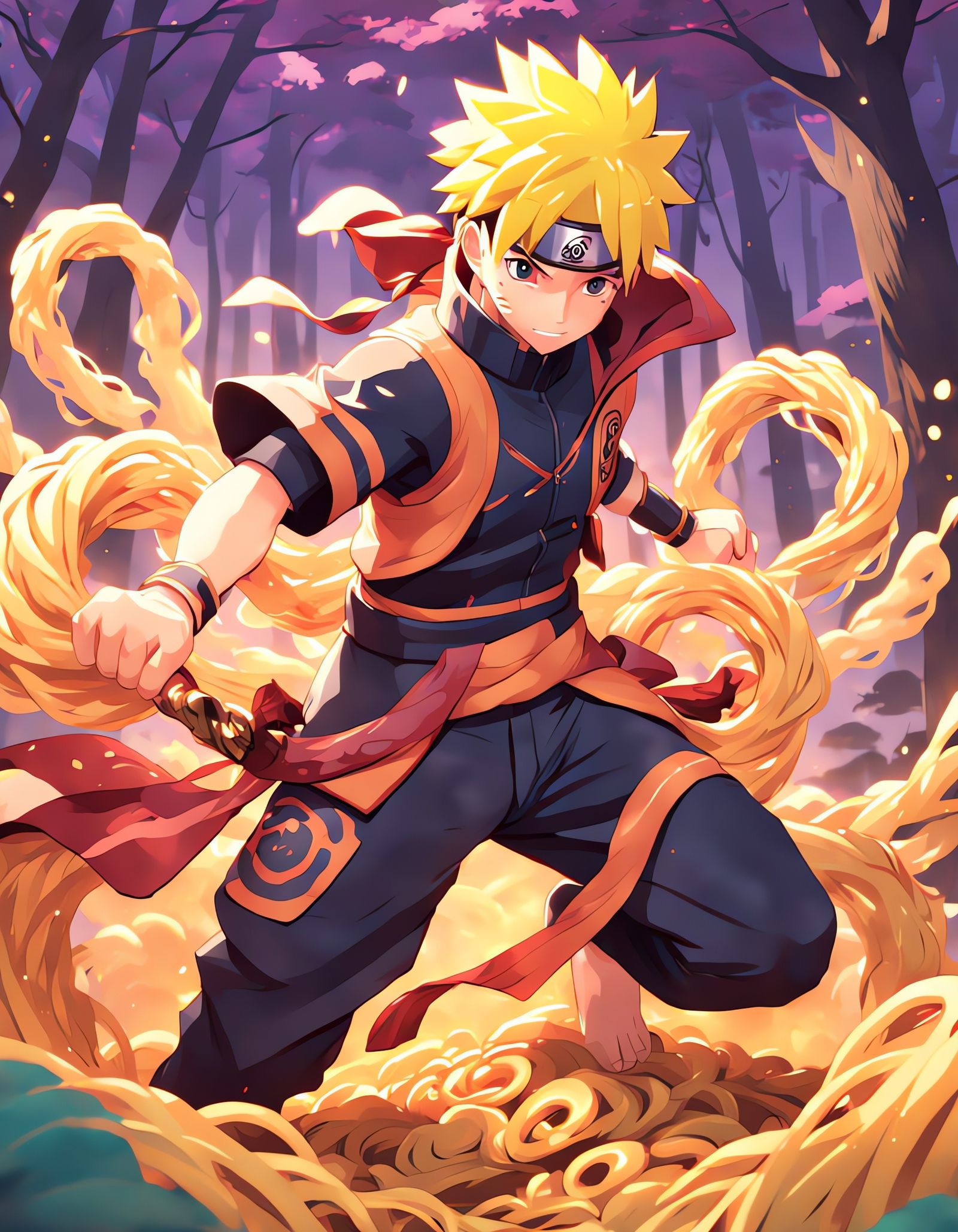 Naruto - Naruto in Vibrant Anime Style, Heroic Pose amidst N...