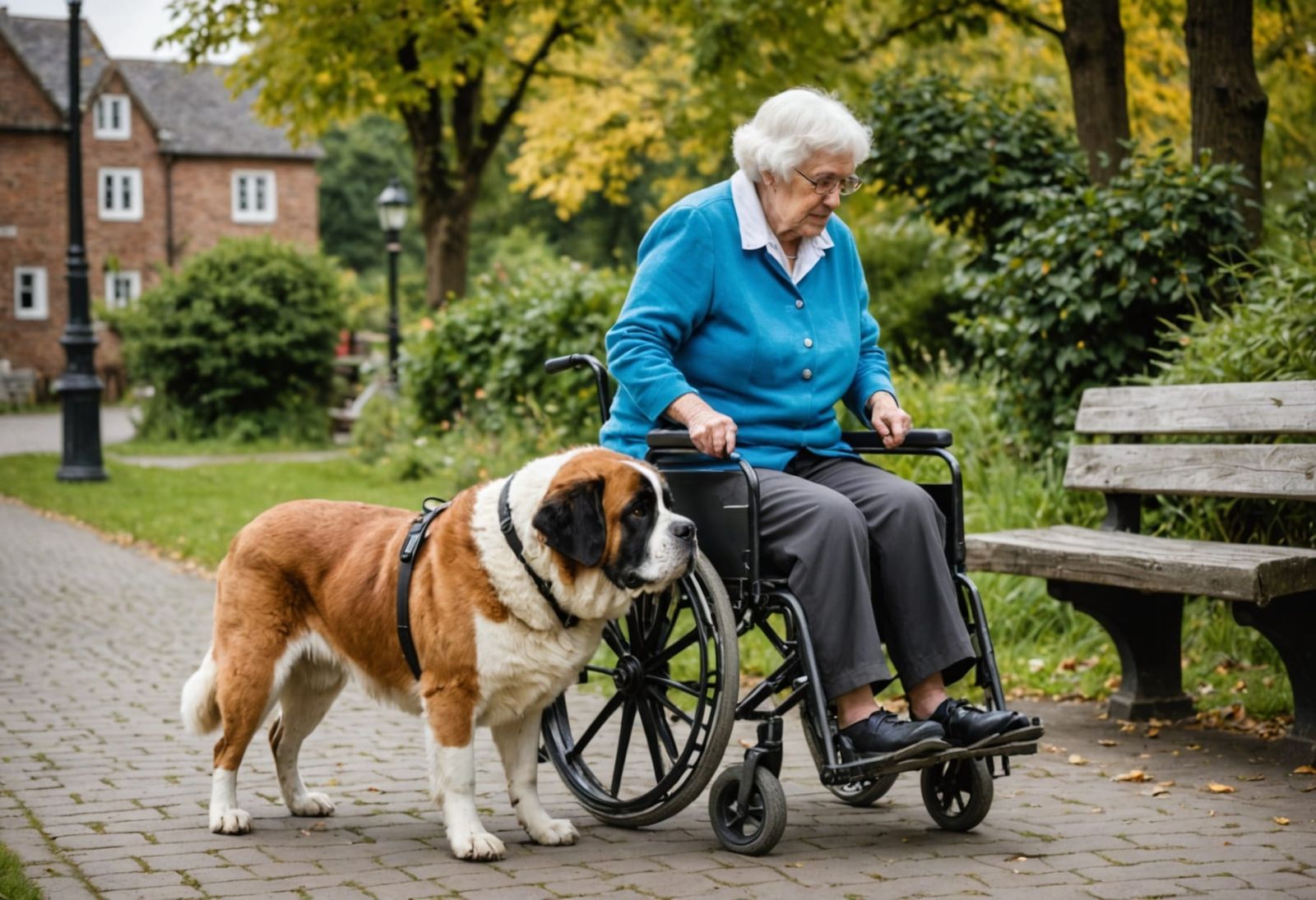 St Bernard Rescues Elderly Woman on Walking Bench - AI Art