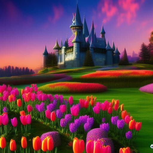 Psychedelic fantasy castle with tulips - AI Generated Artwork ...