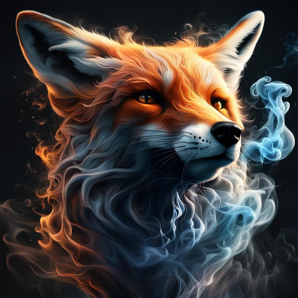 Smoke painting, made of smoke،Smoke in the shape of a fox, disappeared ...