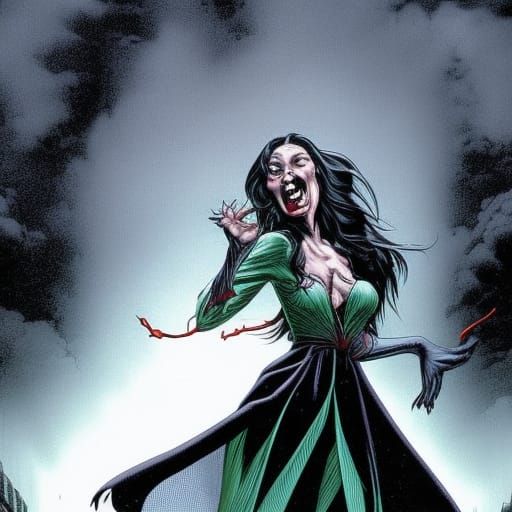 Bodiless vampire head flying through the air. She has long hair ...