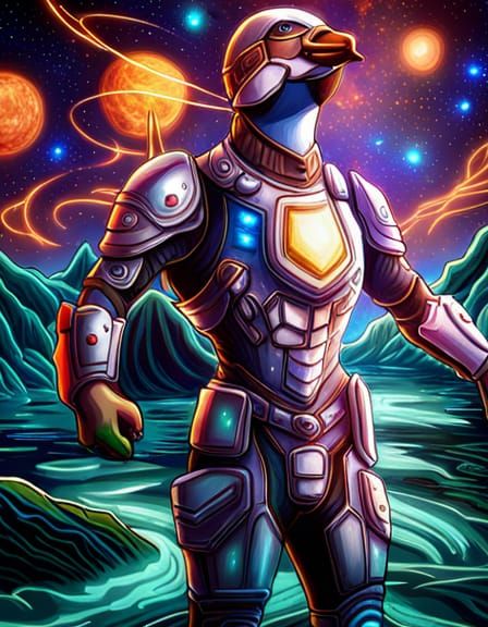 sci fi duck armor suit standing by a sparkling river - AI Generated ...