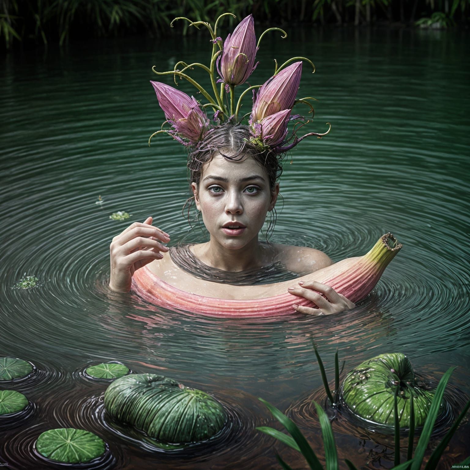 dramatic flash photo, water lapping swirling, over fully submerged surprised woman with gigantic ...