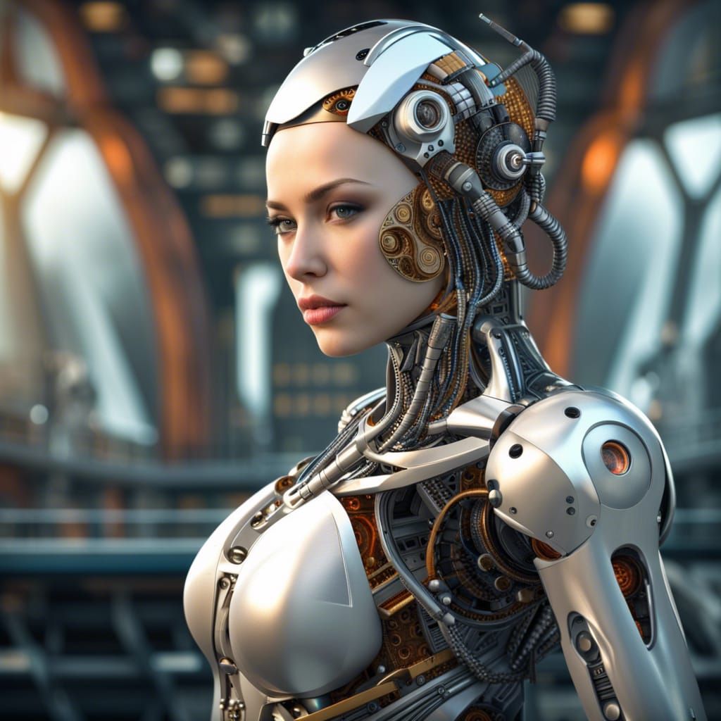 Gorgeous, voluptuous, female robot staring forward judgmentally, torso ...