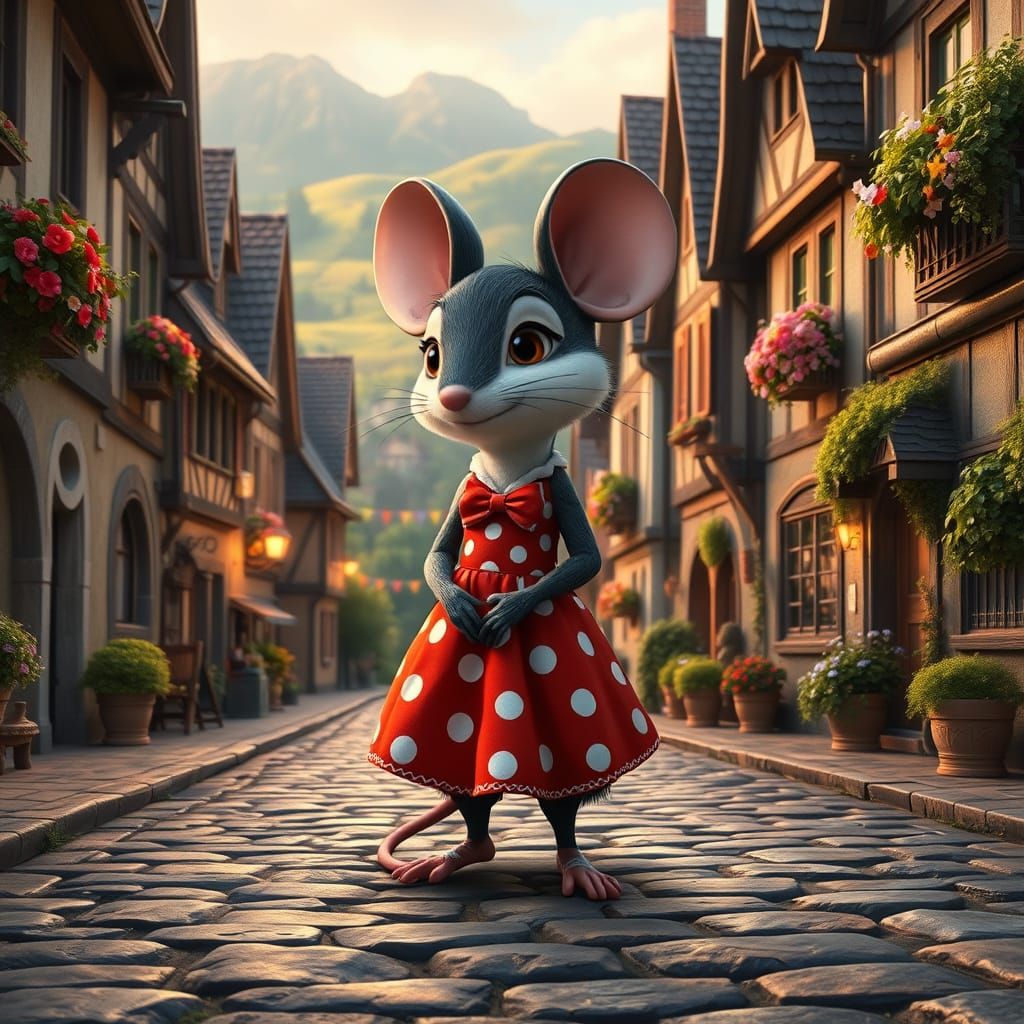 Whimsical Mouse in Quaint Fairytale Town - AI Art
