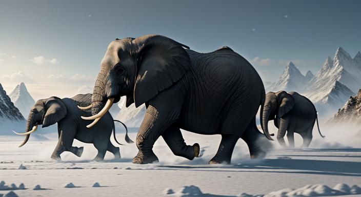 African elephants in old battle armor marching in snow mountain ...