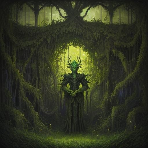 H. R. Giger style half-plant half-human creature covered in vines ...