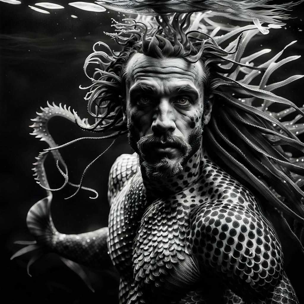 Black and white portrait of Intense merman searching - AI Generated ...