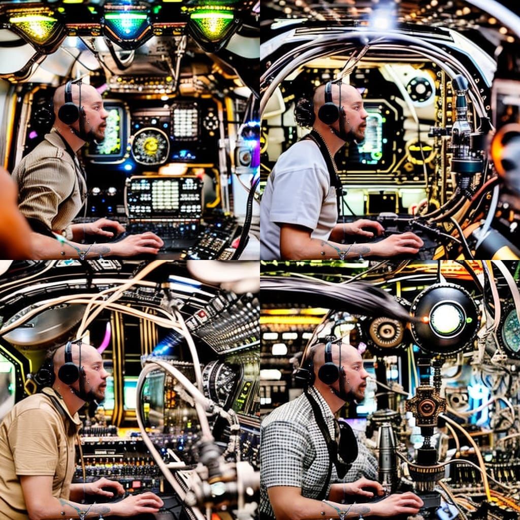 an alien operating strange electronics in a spaceship cocpit ...