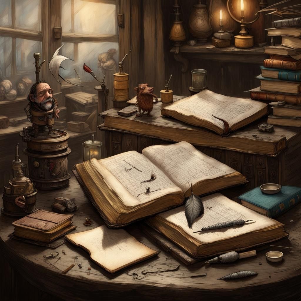 An old opened book on a wooden table, scribbles on the left page, a quill and ink pot. - AI ...