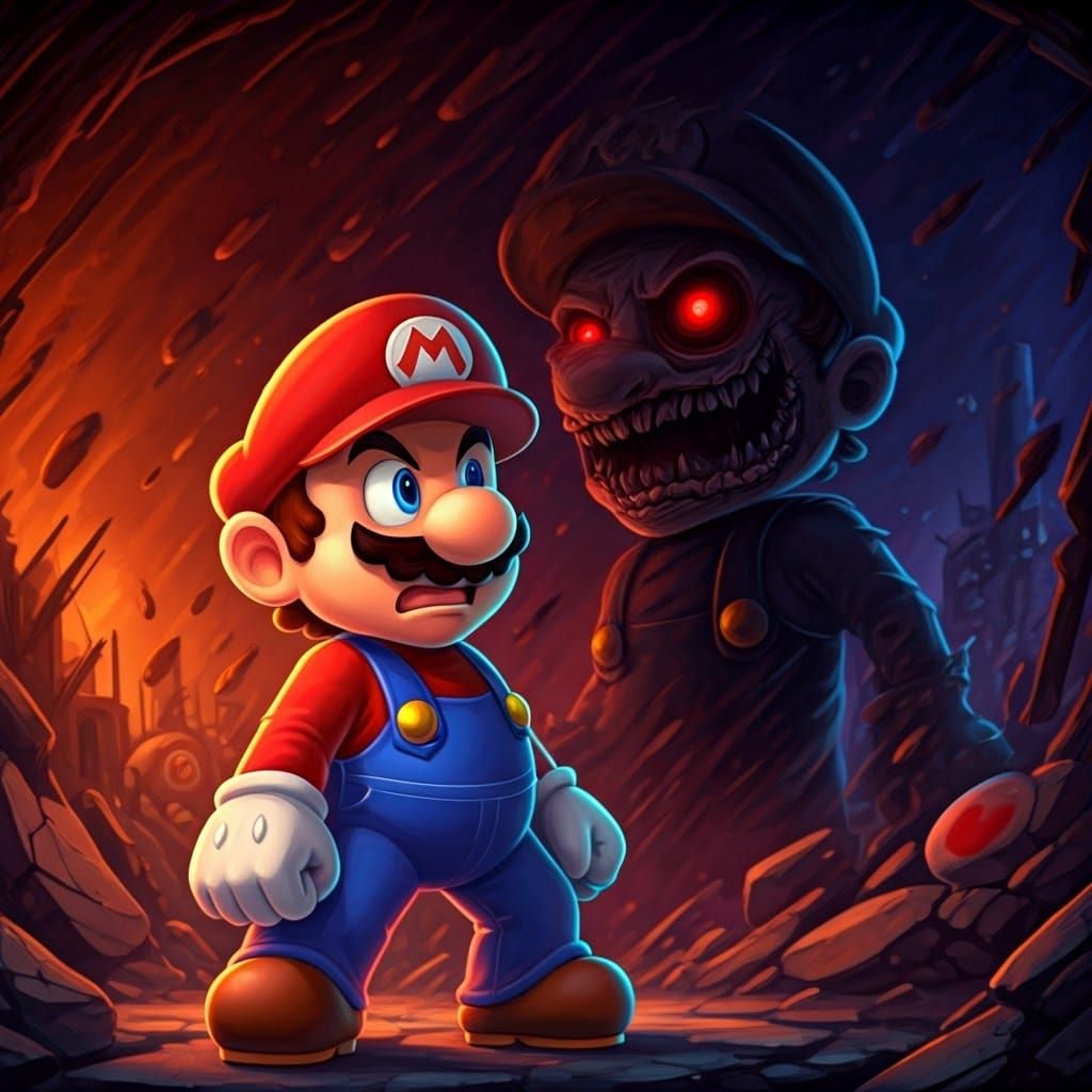Mario Battles Dark Alternate Reality Self in Cyber... - AI Art