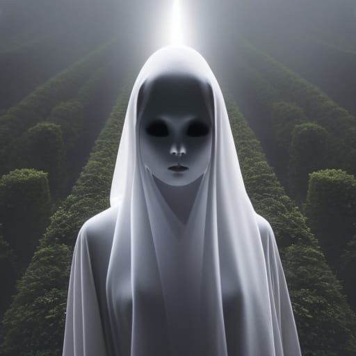 ghost-girl full form angle, no face, no hands, covered in white robe ...