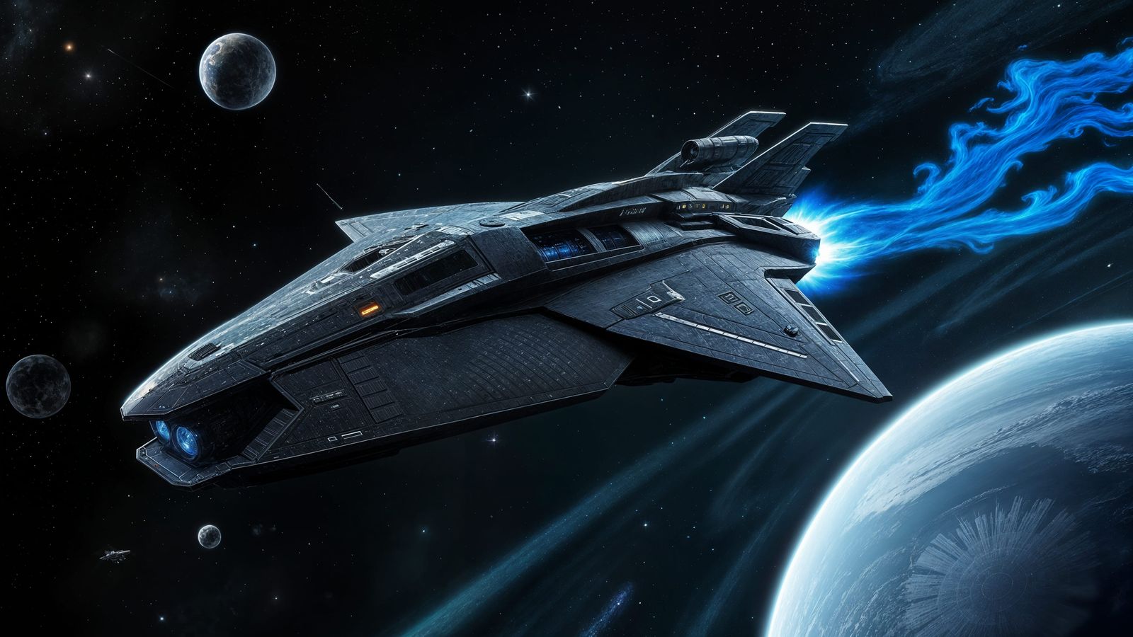 A sleek, purposeful, raptor-like spaceship, powerful engines, its dark ...