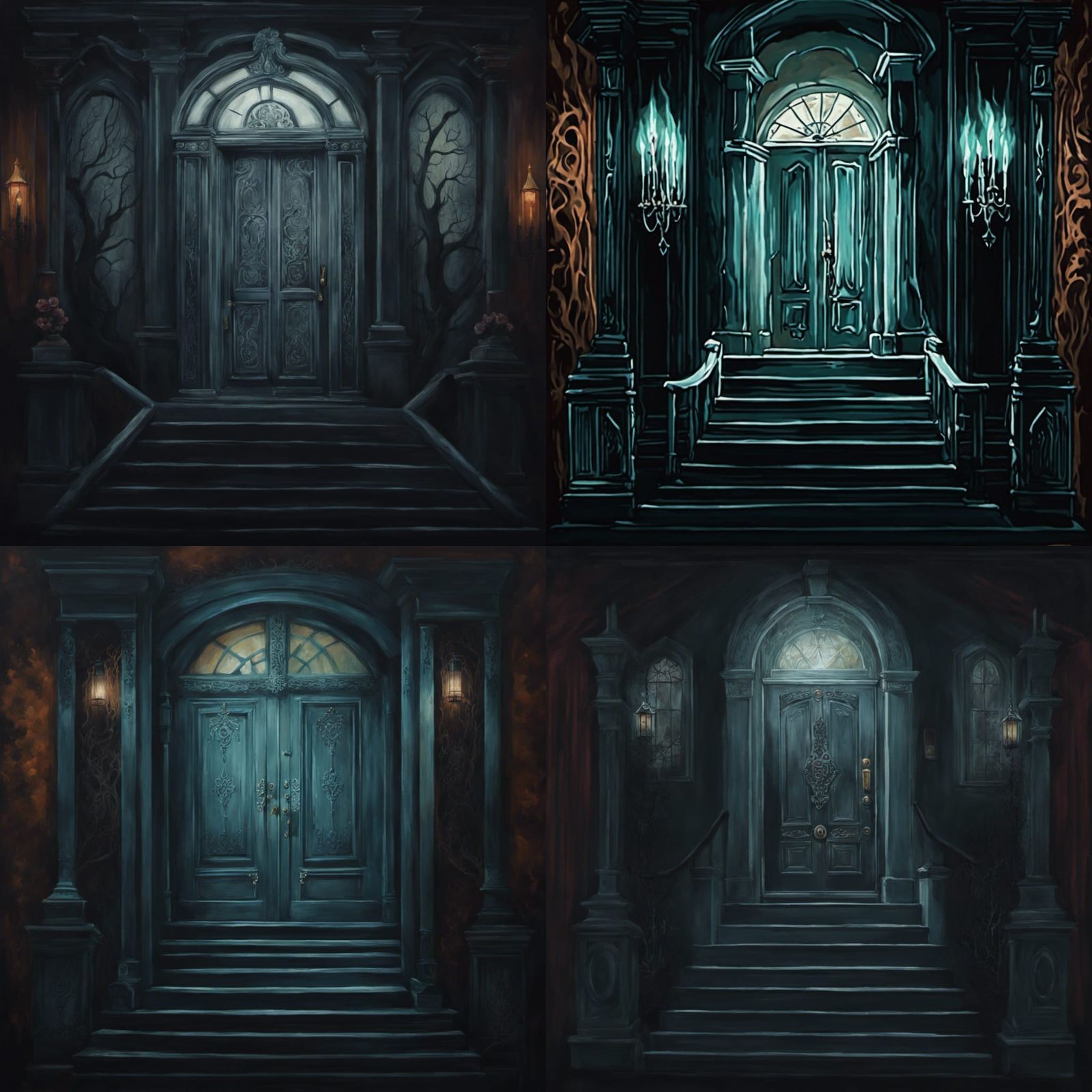 dark atmospheric painting of an entryway door to a haunted mansion ...