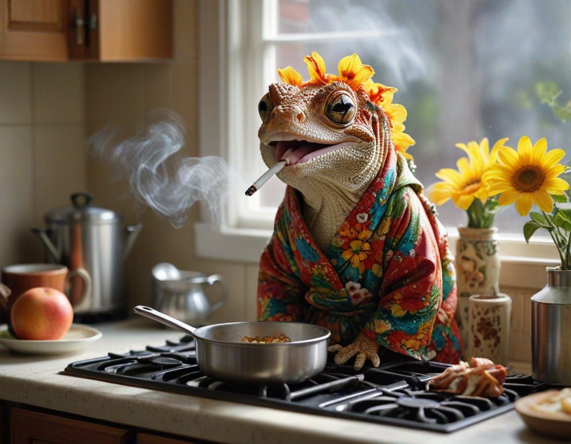 Whimsical Realistic Gecko Lady Sipping Coffee at M... - AI Art