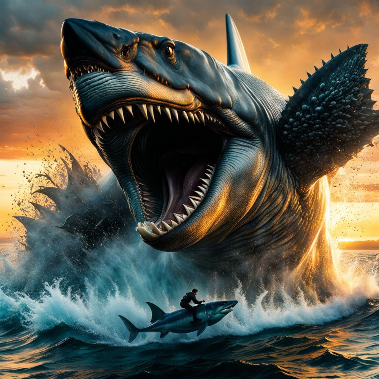 Godzilla vs. Megalodon hyperealistic motion. filmic wide-angle lens ...