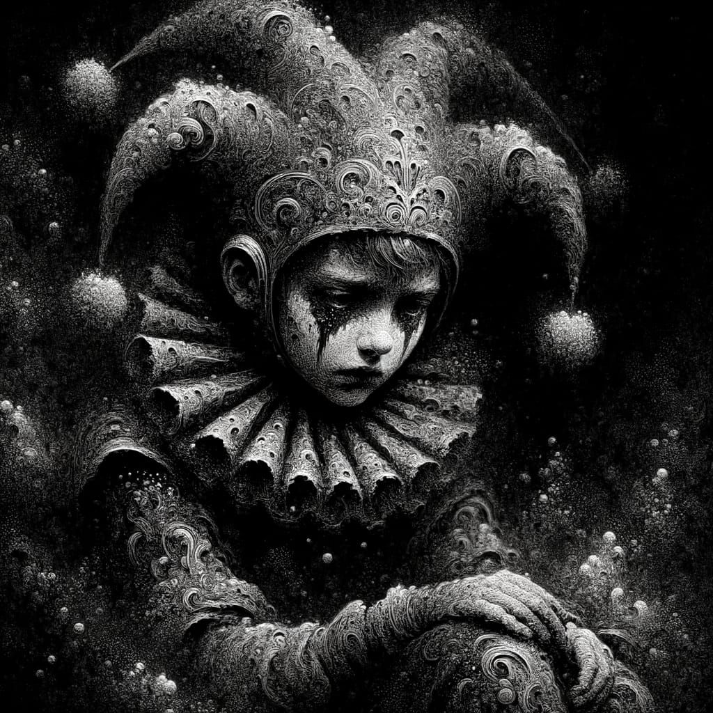 detailed black impasto portrait sitting sad and crying pierot jester ...