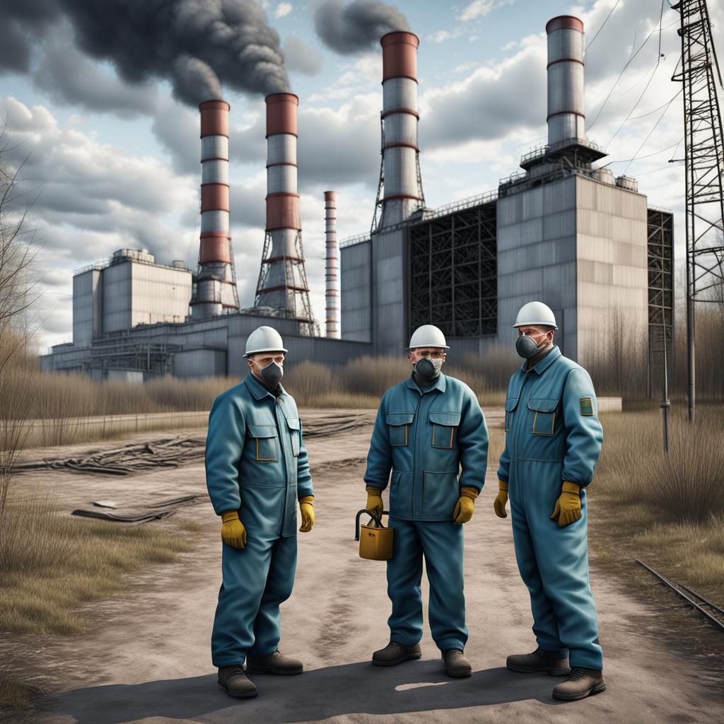 Photorealistic industrial border Chernobyl Plant with workers protected ...