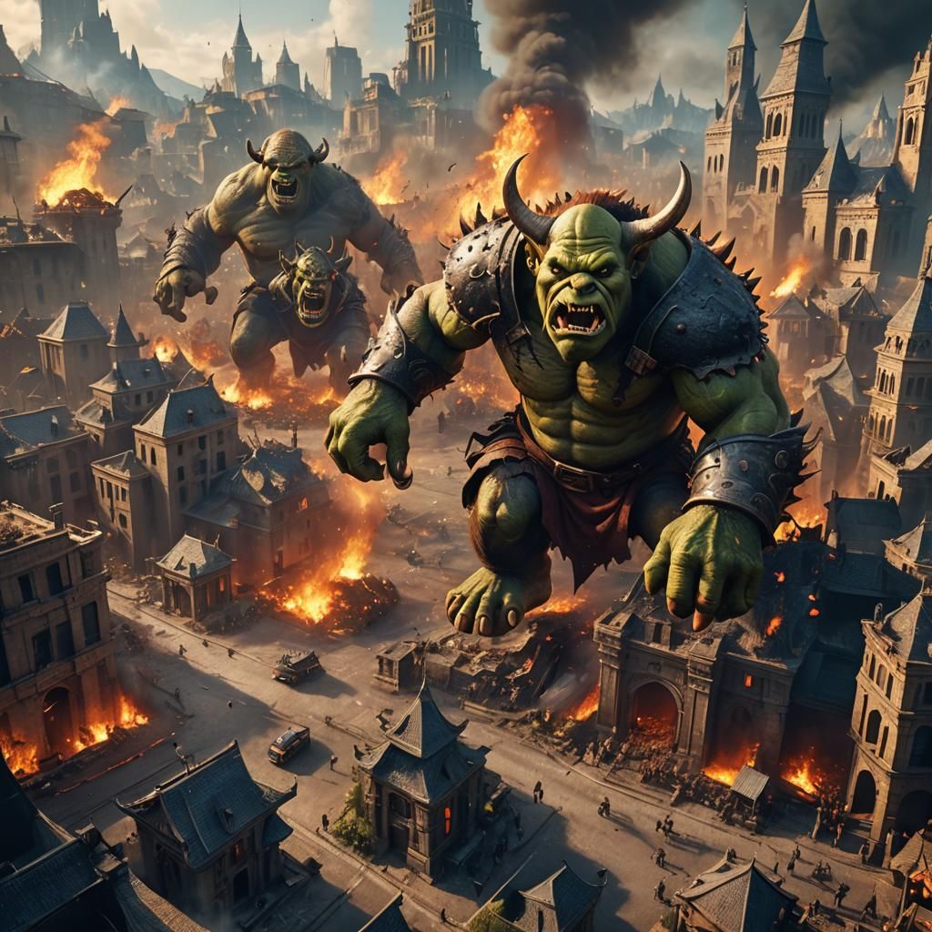 ogres attacking a city on fire - AI Generated Artwork - NightCafe Creator