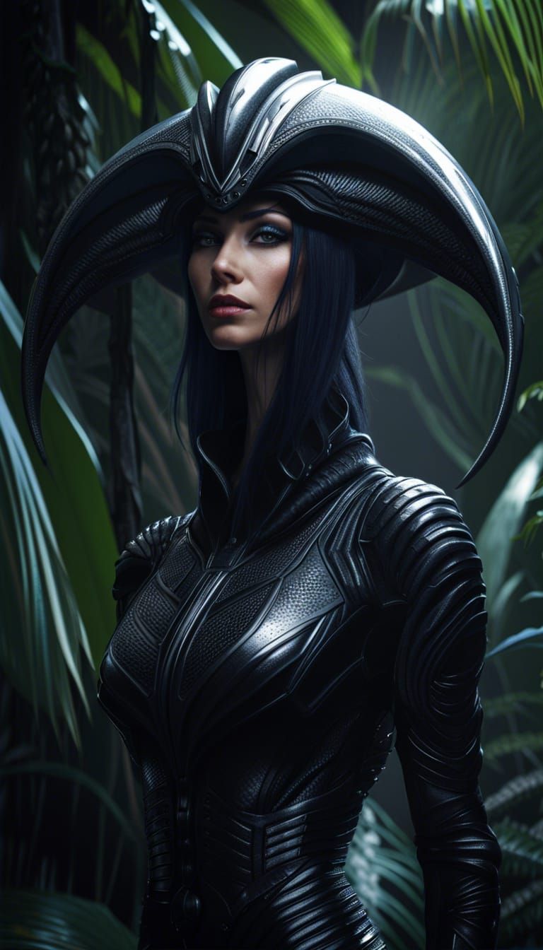 female alien being in the tropics, shimmering wet texture, black & grey colours, jungle, palms ...