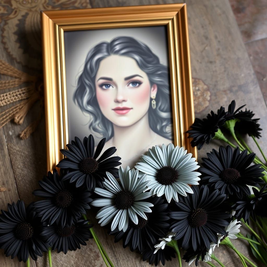 Still Life with a Framed Portrait and Dark Daisies - AI Art