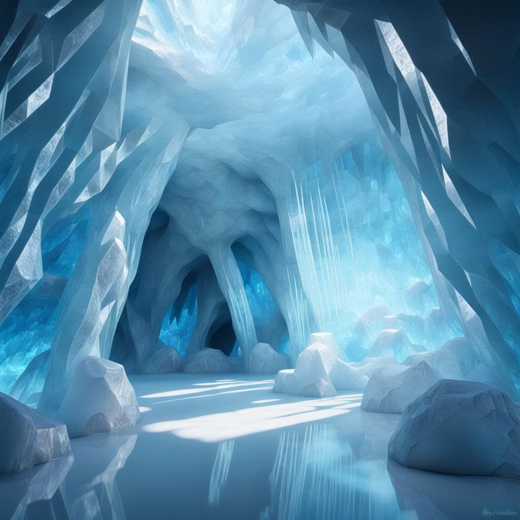 interior of a clear transluscent ice cave with mystery transparent ...