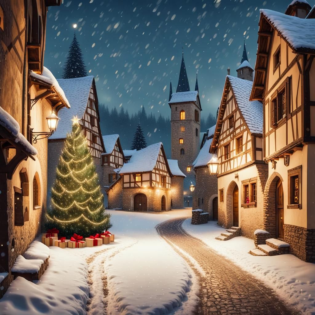 christmas time in medieval village. snowing, christmas trees with ...