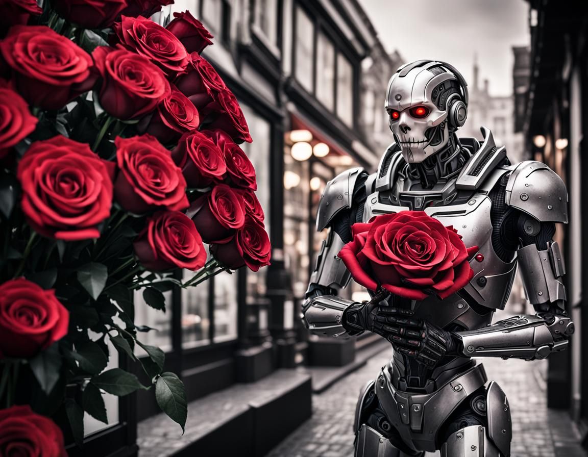 photorealistic (cyborg)+ carrying a dozen CHOCOLATE ROSES!!! to his ...