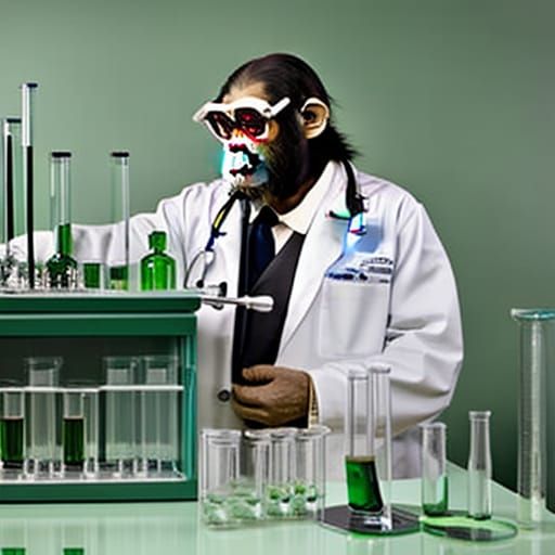 A chimpanzee doctor in a white lab coat looking at a lab bench. He ...