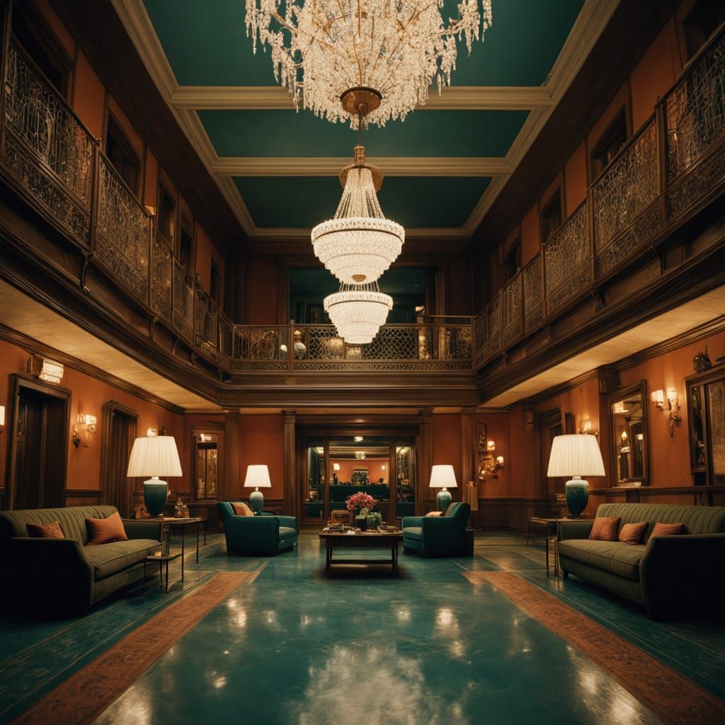 Surreal Amber Hotel Lobby in Cinematic Style - AI Art