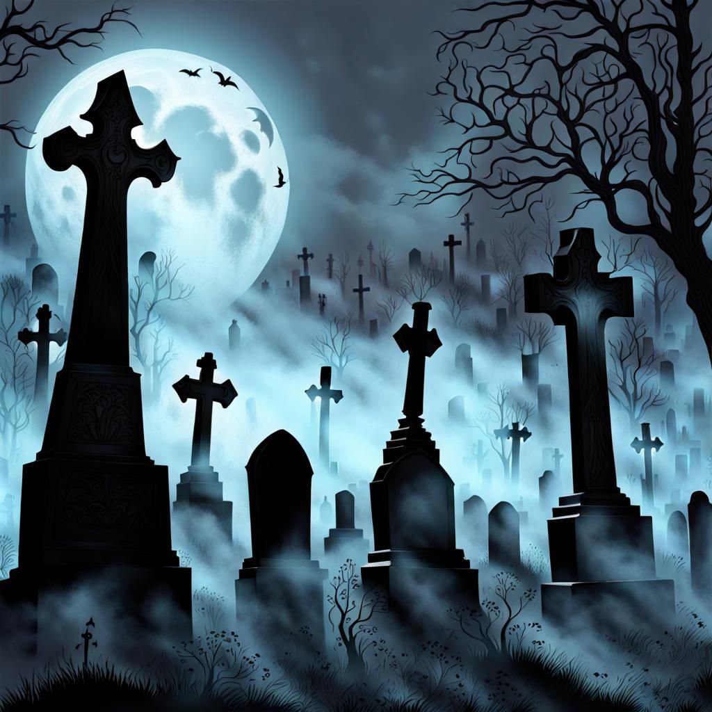 "Moonlit Graveyard Reverie" Craft a scene in a moonlit graveyard where ...