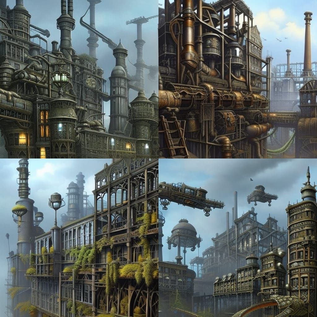 huge smoky Victorian factory; flying machines in the sky, steampunk ...