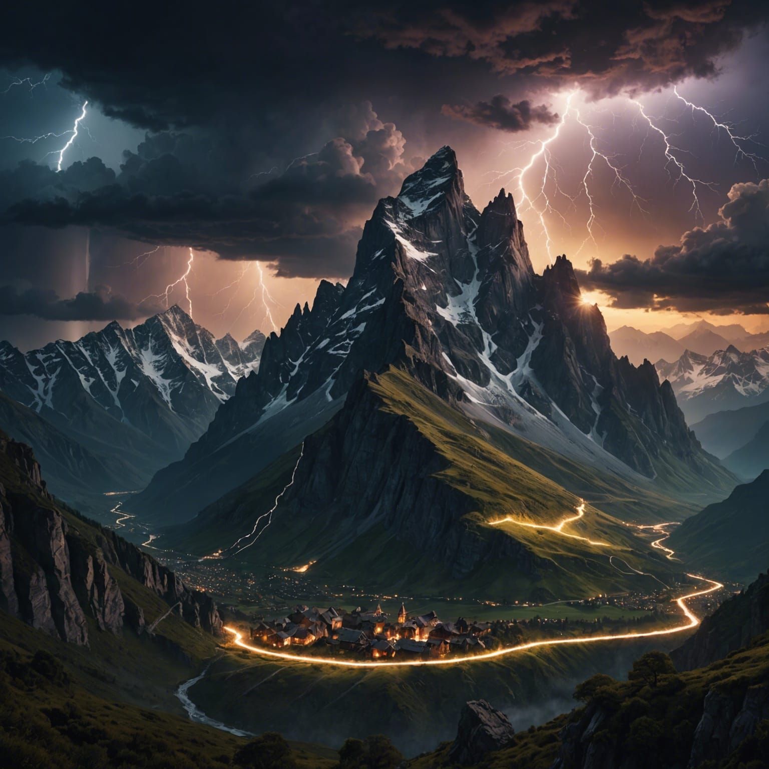 Epic Lightning Storm Over Mountains: Digital Matte... - AI Art
